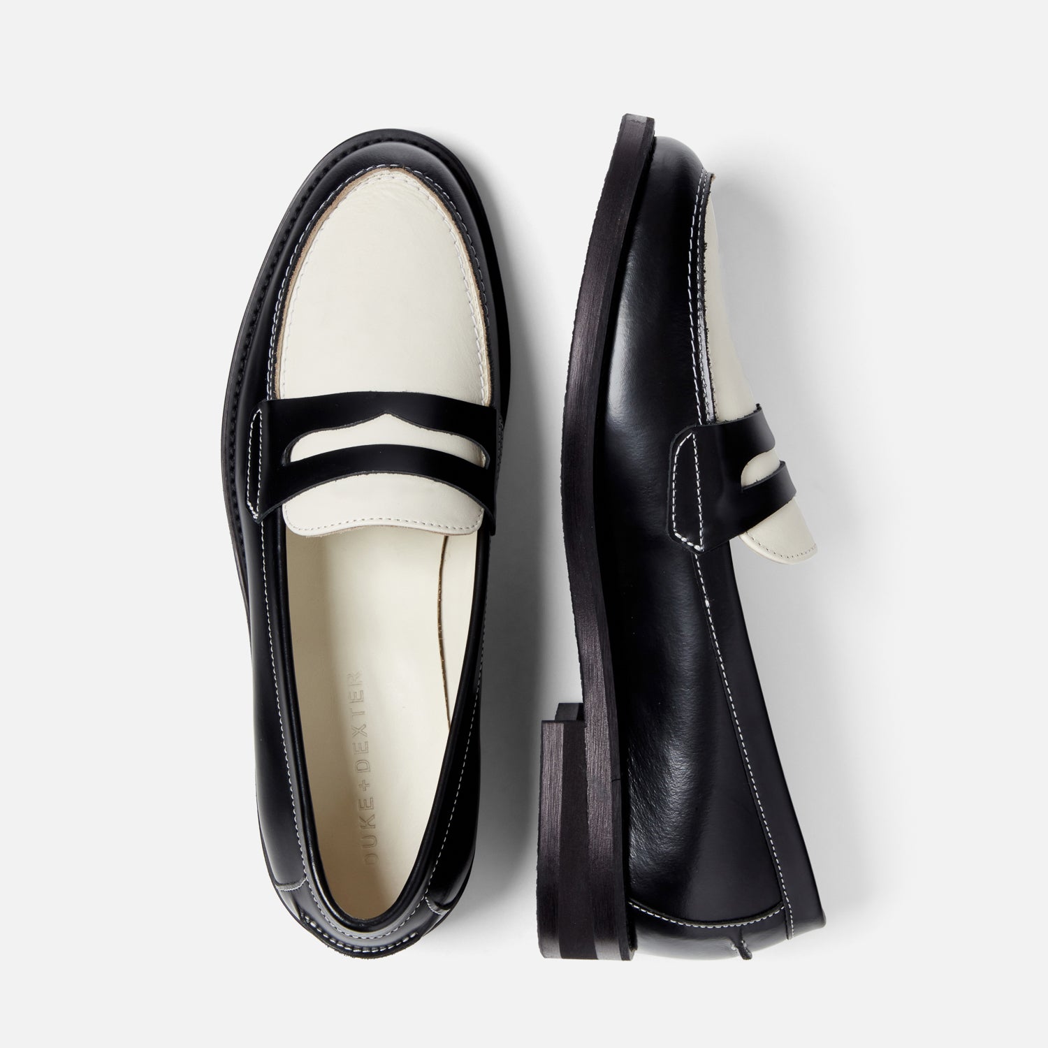 WILDE Black + White Leather Penny Loafer - Women's & DUKE + DEXTER